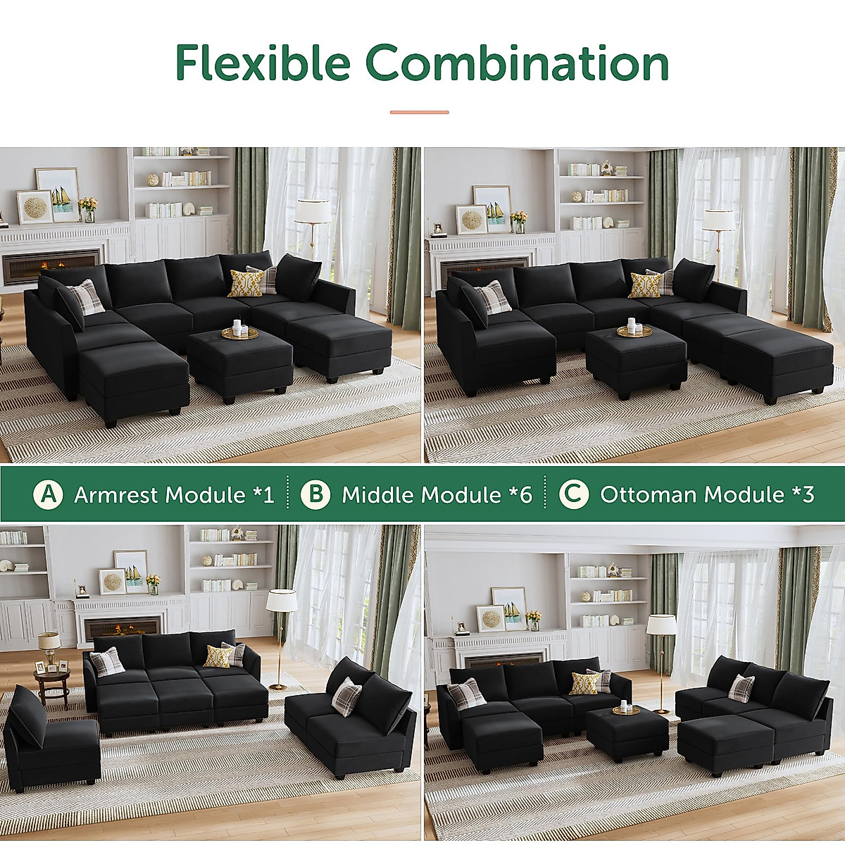 HONBAY Modular Sectional Sofa Set Oversized U Shaped Couch with Storage Ottoman Convertible Sleeper Sectional Sofa Velvet Modular Couch with Wide Chaise, Black