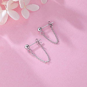 Reffeer Minimalist Ball Earrings with Chain Dangle Earrings for Women Teens Girls Dangle Earrings Studs Cute Solid 925 Sterling Silver Earrings(Silver)