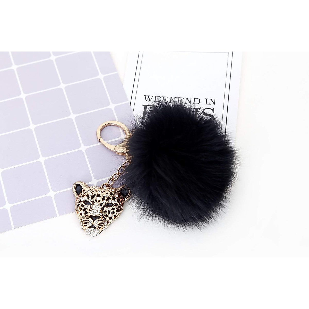 Giftale Leopard with Black Fox Fur Pom Pom Keychain for Women Ball Bag Charm