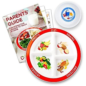 Health Beet MyPlate Portion Control Plate with Dairy Bowl & Parents Guide – 4 Divided Sections of Fruit Grains Veggies Proteins - Sectioned Plates for Health Education - (Set of 1 Each)