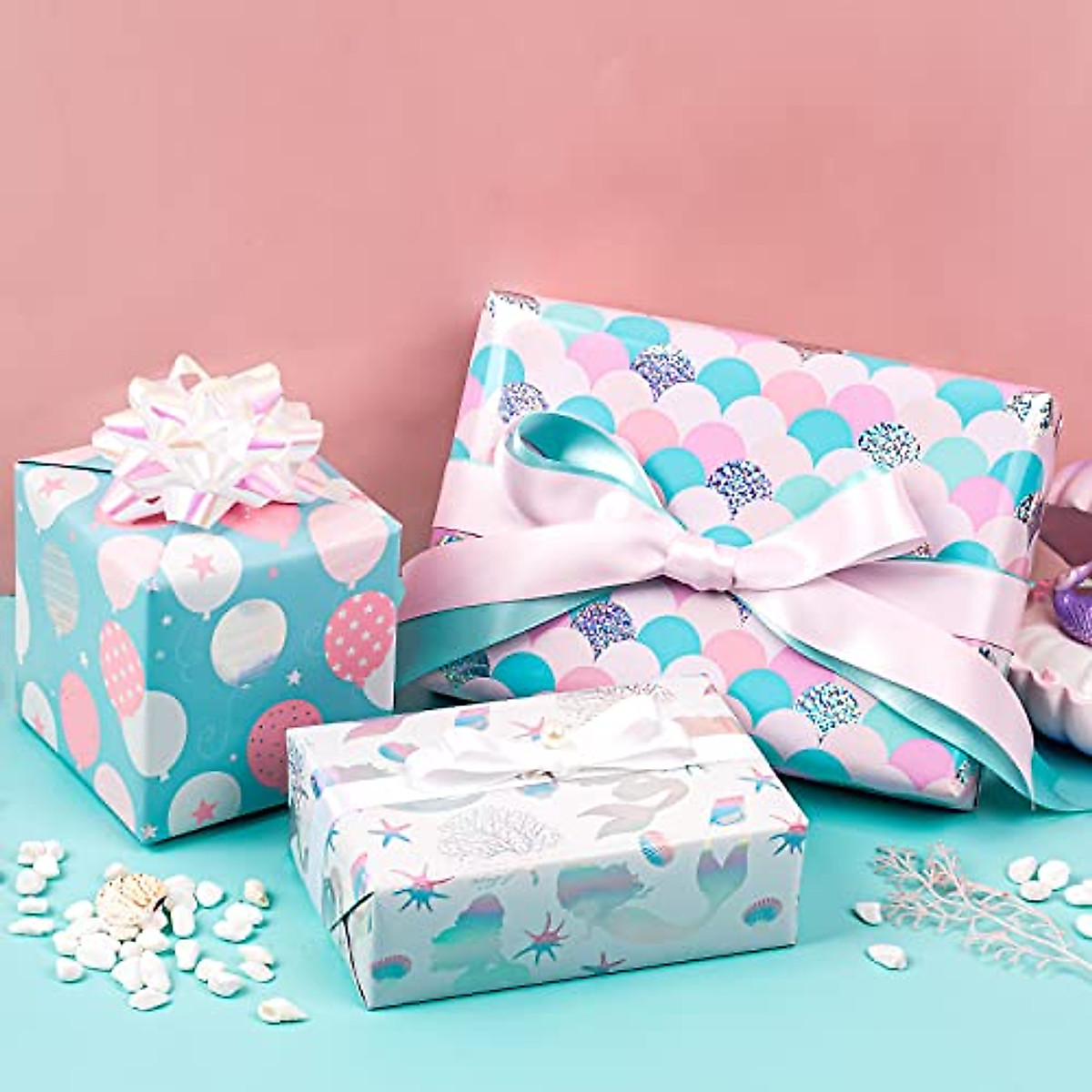 WRAPAHOLIC Wrapping Paper Roll - Mini Roll - 3 Rolls - 17 Inch X 120 Inch Per Roll - Mermaid Scale and Jellyfish Design with Colorful Foil for Birthday, Holiday, Baby Shower