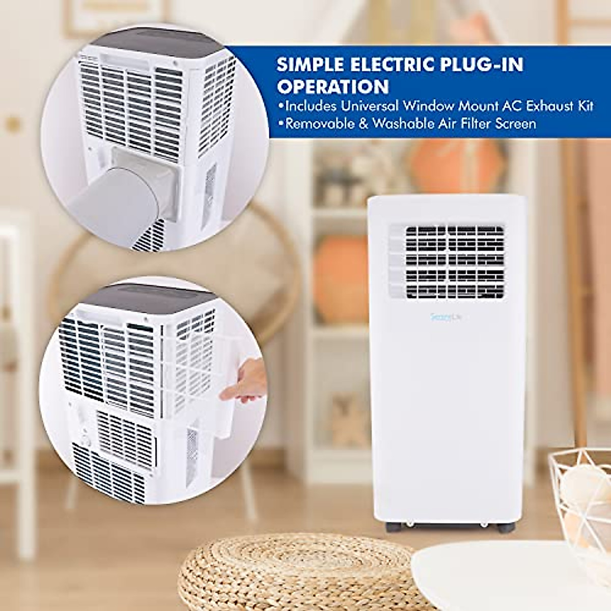 SereneLife SLPAC805W.5 Portable Air Conditioner, 8,000 BTU with WiFi + Drain Hose, White-Black