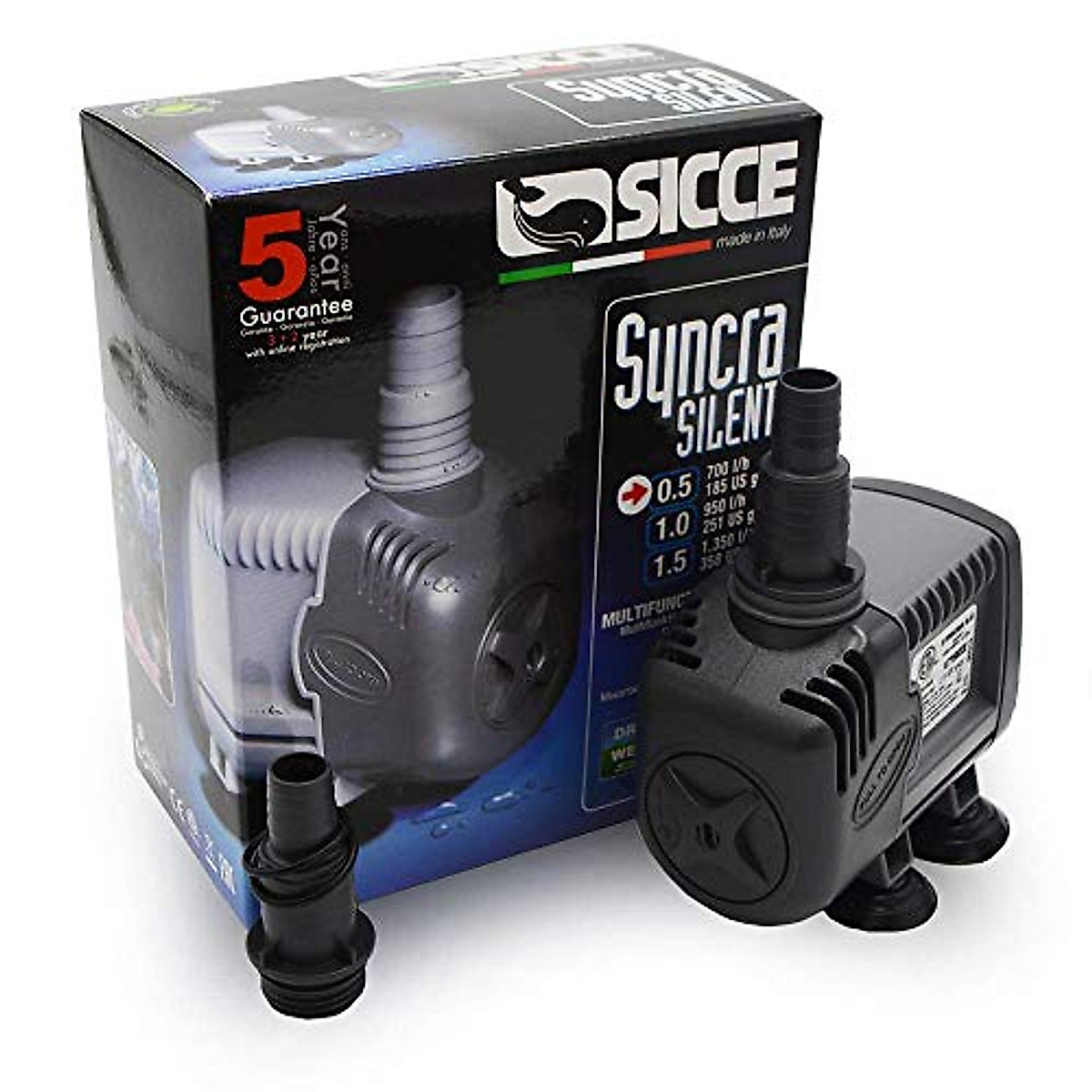 SICCE Syncra Silent 0.5 Multifunction 185 GPH Submersible Water Pump | Italian Made 8W Ultra Quiet Durable for Aquarium Fish Tank, Fountain, Pond, Hydroponics, Terrarium Black | Freshwater & Saltwater