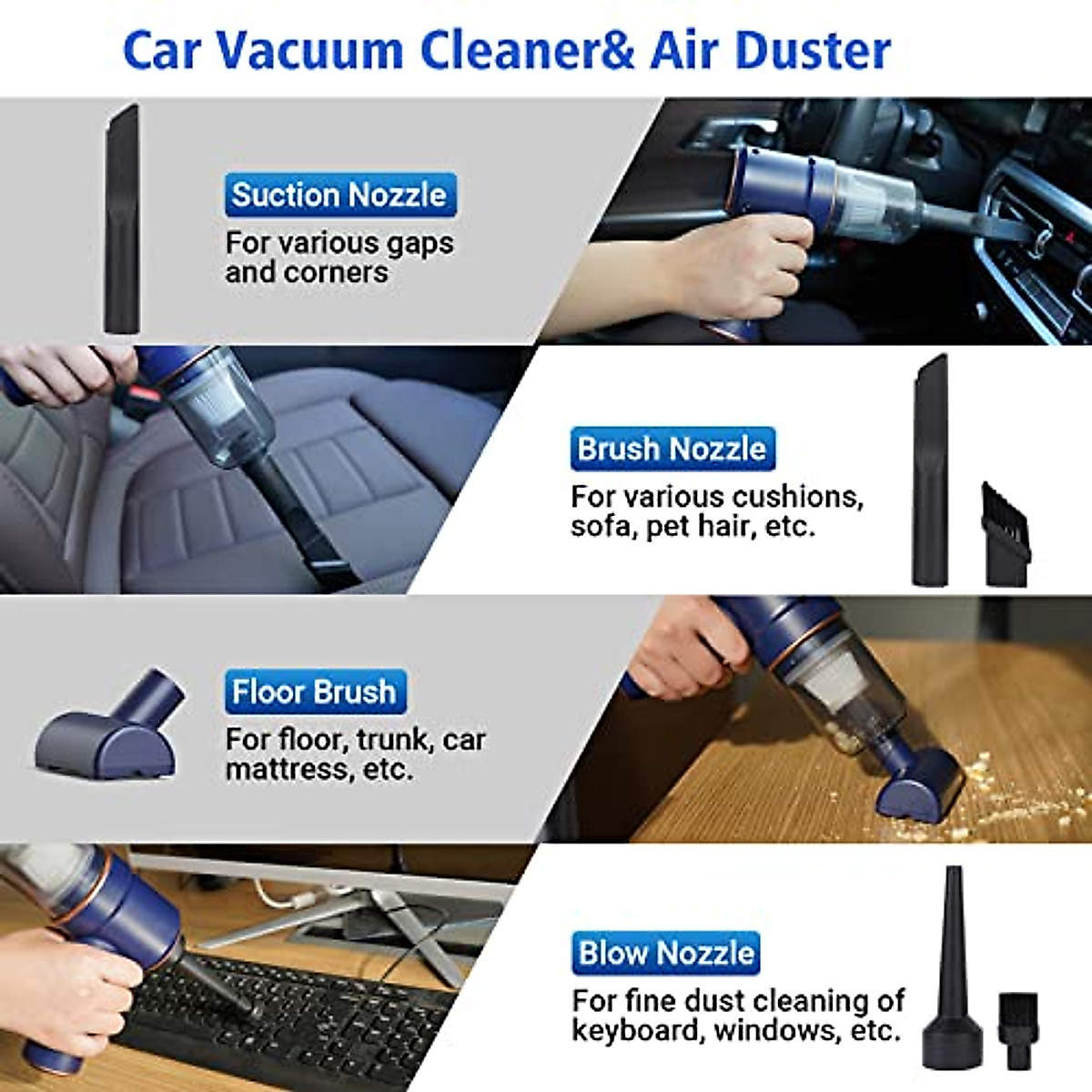 Aorika Car Vacuum Cleaner Cordless, Handheld Vacuum&Air Duster, 9000PA Suction 120W High Power Wet/Dry Use Vacuum Cleaner with Multi-nozzles and Floor Brush for Vehicle/Home/Office, Pet Hair