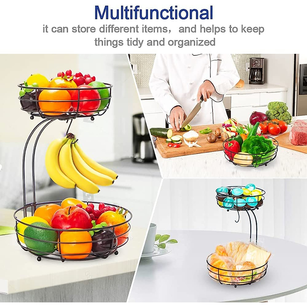 VANDHOME 2-Tier Countertop Fruit Vegetables Baske Iron With Banana Hanger, Metal Wire Vegetable Produce Storage Baskets for Kitchen, Fruits Stand Holder Organizer for Bread Snack Veggies, Black