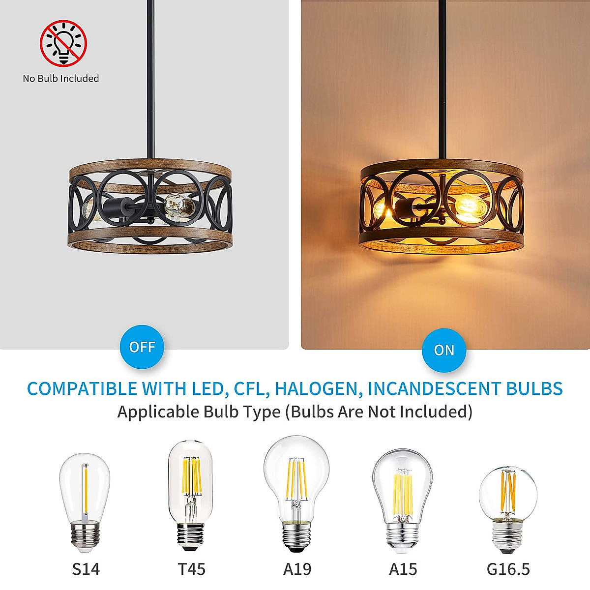 XINGQI Black Ceiling Light Adjustable Height Chandelier Modern Farmhouse Pendant Lighting Fixture Wood Grain Metal 13" Rustic Round Lights for Dining Room Kitchen Bedroom Entryway