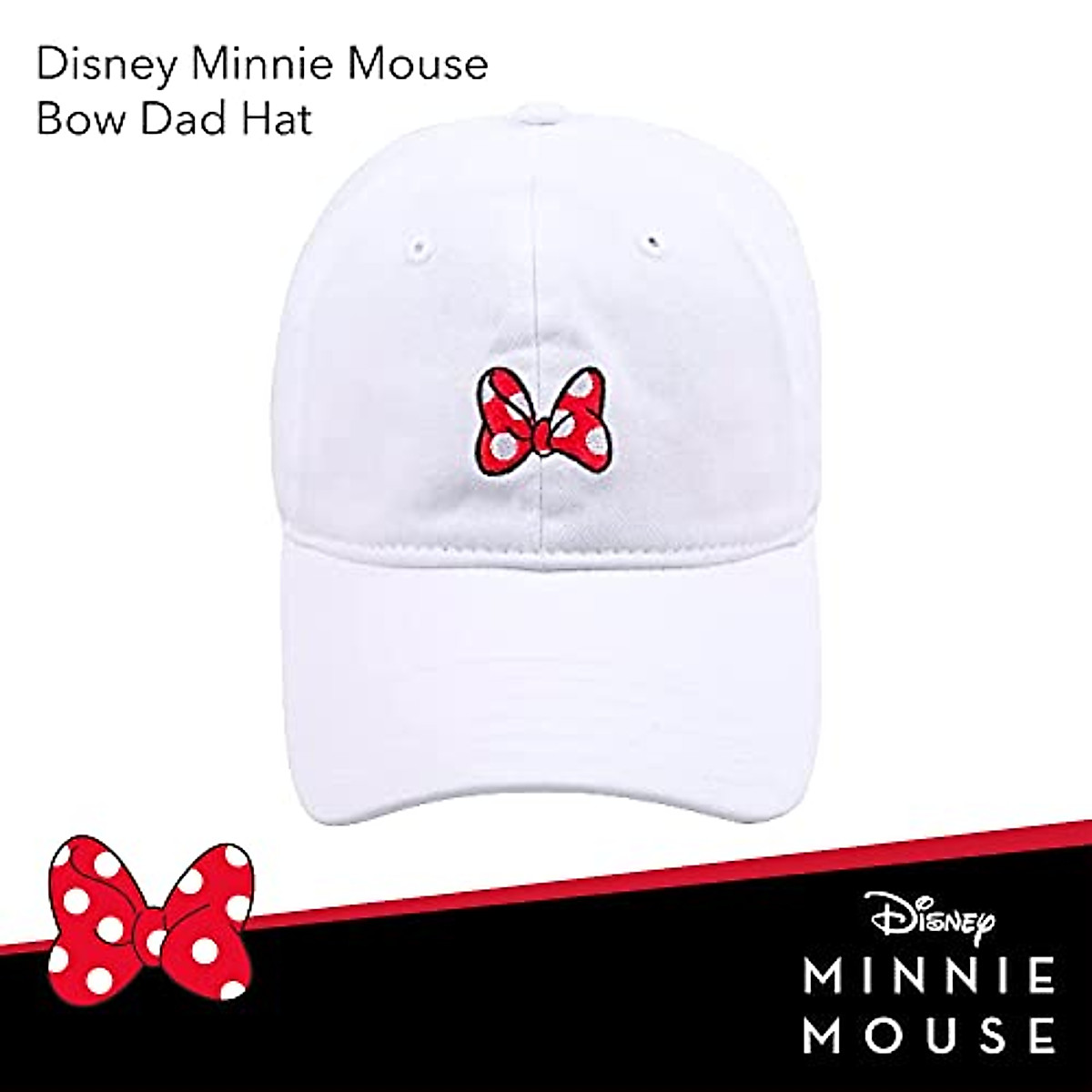 Disney Minnie Mouse Bows Embroidered Cotton Adjustable Dad Hat with Curved Brim, White, One Size