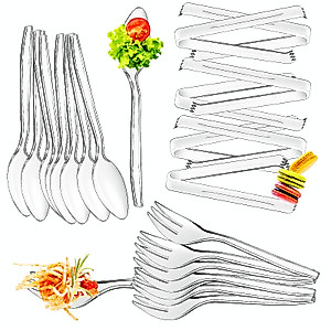 Sabary 72 Pcs Plastic Serving Utensils with 24 Pcs 9" Serving Spoons 24 Pcs 9" Serving Forks 24 Pcs 6" Serving Tongs Heavy Duty Disposable Serving Utensils for Salad Food Buffet Parties Catering