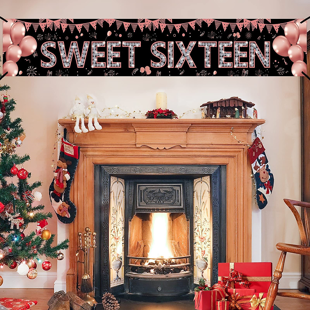 Happy 16th Birthday Banner Decorations for Girls, Rose Gold Sweet Sixteen Birthday Party Supplies, 16 Years Old Birthday Photo Booth Sign(9.8x1.6ft)