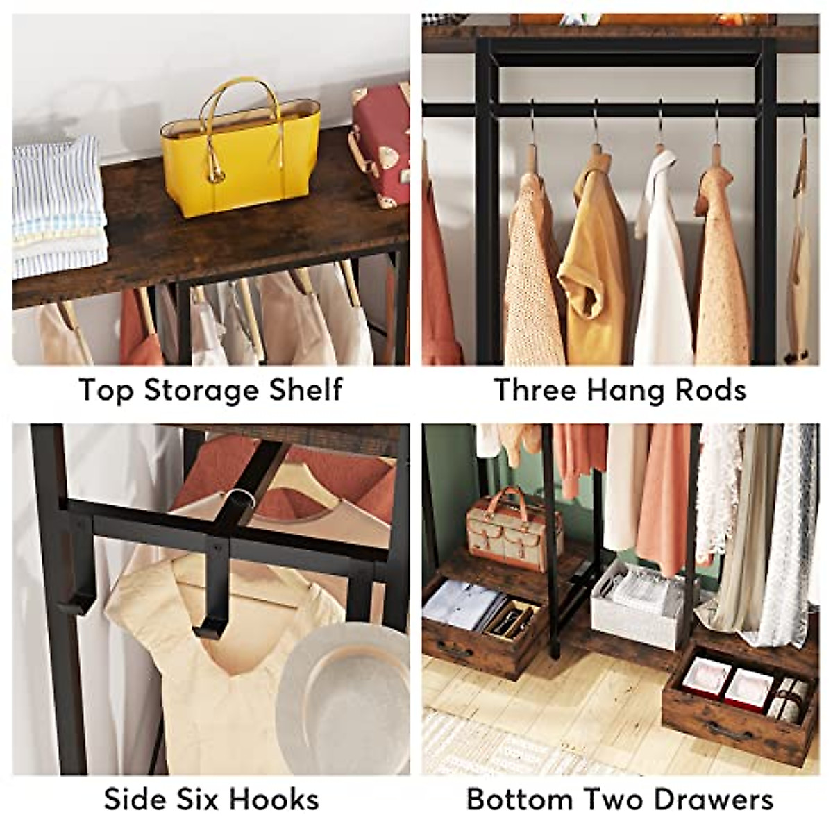 Tribesigns Clothes Rack with 2 Drawers, Freestanding Closet Organizer Garment Rack with Storage Shelves Hanging Rods and Hooks, Large Open Wardrobe Closet Clothing Rack for Bedroom