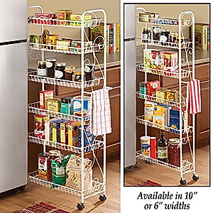 Collections Etc Slim Rolling Pantry 6-Tier Shelf, White Metal with Elegant Scroll Design Accent - Extra Kitchen and Bathroom Storage, 6"