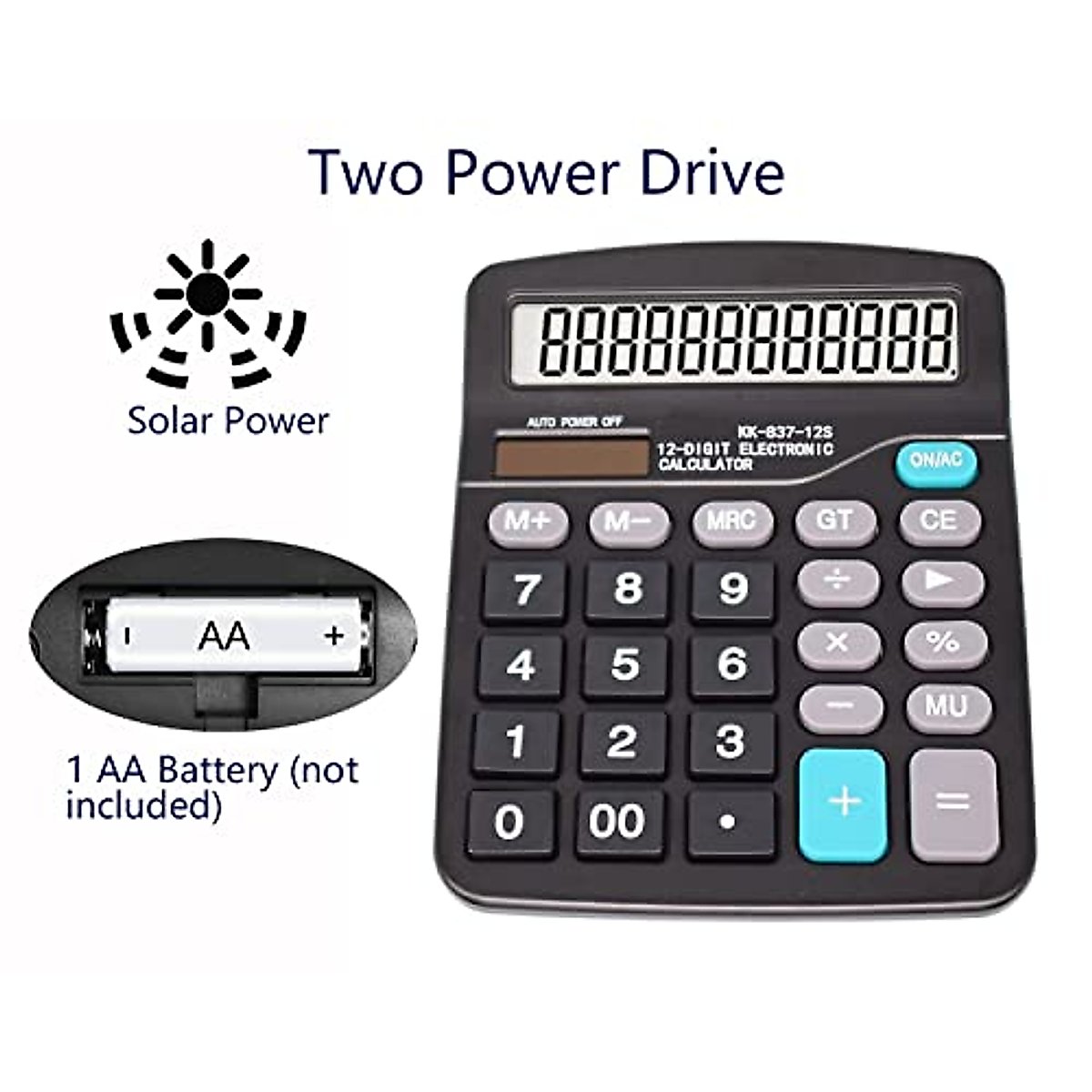 LIJUST Calculators, KK-837-12S Standard Function Desktop Calculator, 12 Digit Large LCD Display, Battery and Solar Powered Basic Calculators for Office, Primary School, Market or Home Use, Black