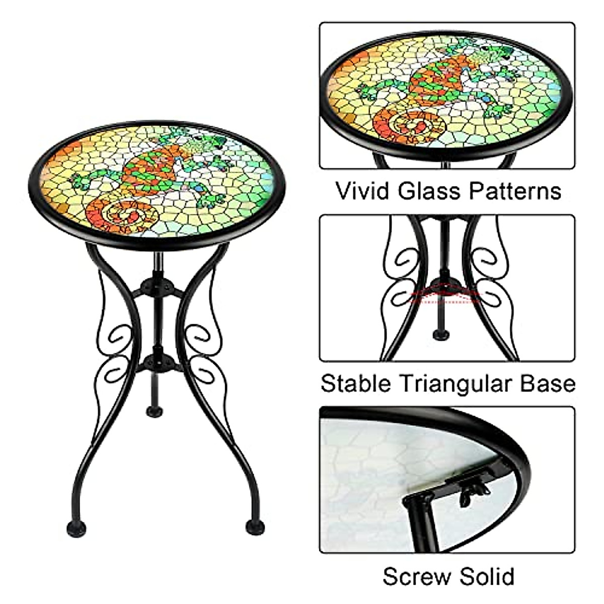 YardsBee Gecko Outdoor Side Table,Mosaic Patio Side Table,12 Inch Accent Round Side Table,Plant Table with Tile Top,Samll Metal Glass End Table for Garden Porch Patio Home