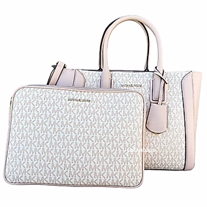 Michael Kors Kali Medium Satchel Tote Crossbody Signature MK + Ipad Case (Pink Optic White Rose Gold)