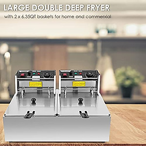 Hopekings Deep Fryer, 20.7QT Commercial Deep Fryer with 2 x 6.35QT Baskets Stainless Steel Countertop Oil Fryer with Temperature Limiter and Over Current Protection for Home Kitchen and Restaurant