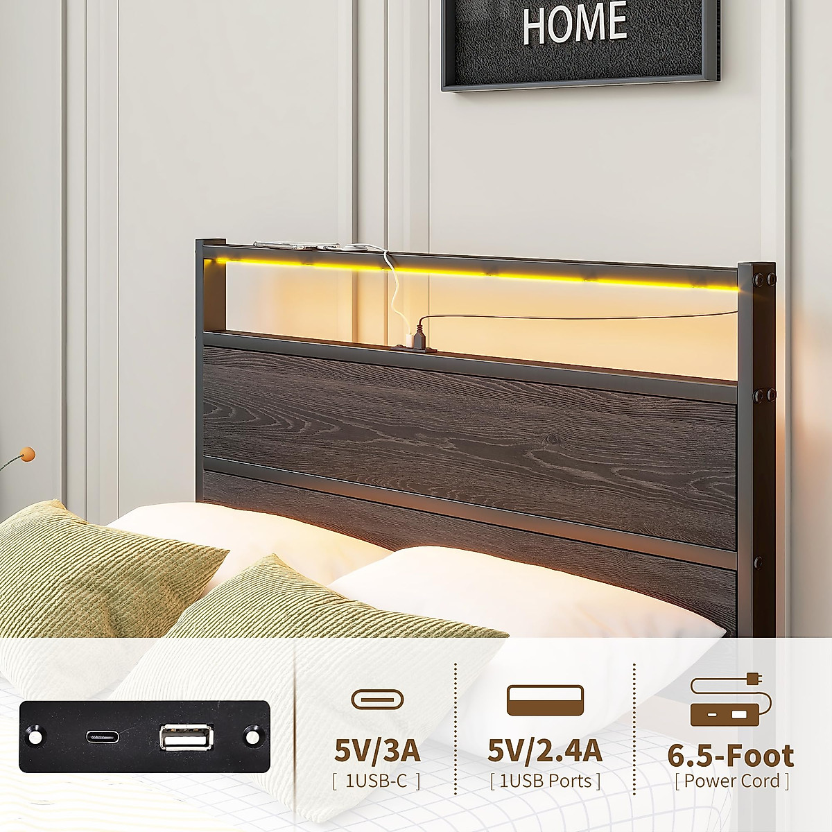 Twin Bed Frame with Headboard/LED Lights,Metal Bed Frame Twin Size with Charging Station,Twin Platform Bed Frame Twin Size No Box Spring Needed,Beds Base,Heavy Duty Metal Slats Support,No Noise,Black