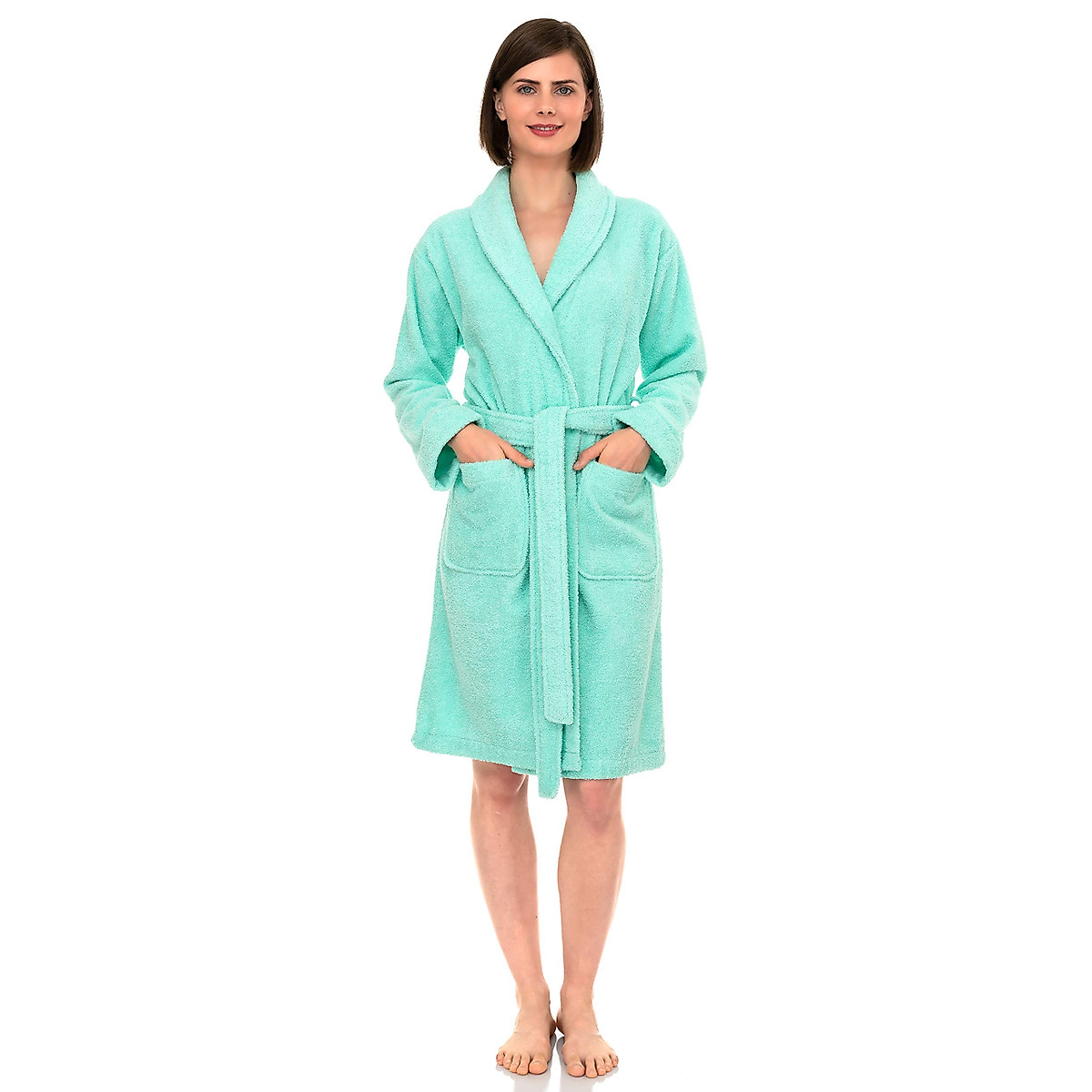 TowelSelections Women’s Robe, 100% Cotton Short Terry Shawl Bathrobe Medium Beach Green