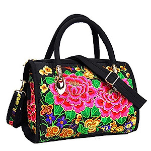 VINTAGE EMBROIDERY V.E. Women's Designer Large Top Handle Structured Tote Bag Satchel Handbag Shoulder Bag Purse … (2 Red Flower)