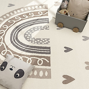 Paco Home Kids Room Rug with Rainbow and Hearts in Beige Brown, Size: 5'3" x 7'3"