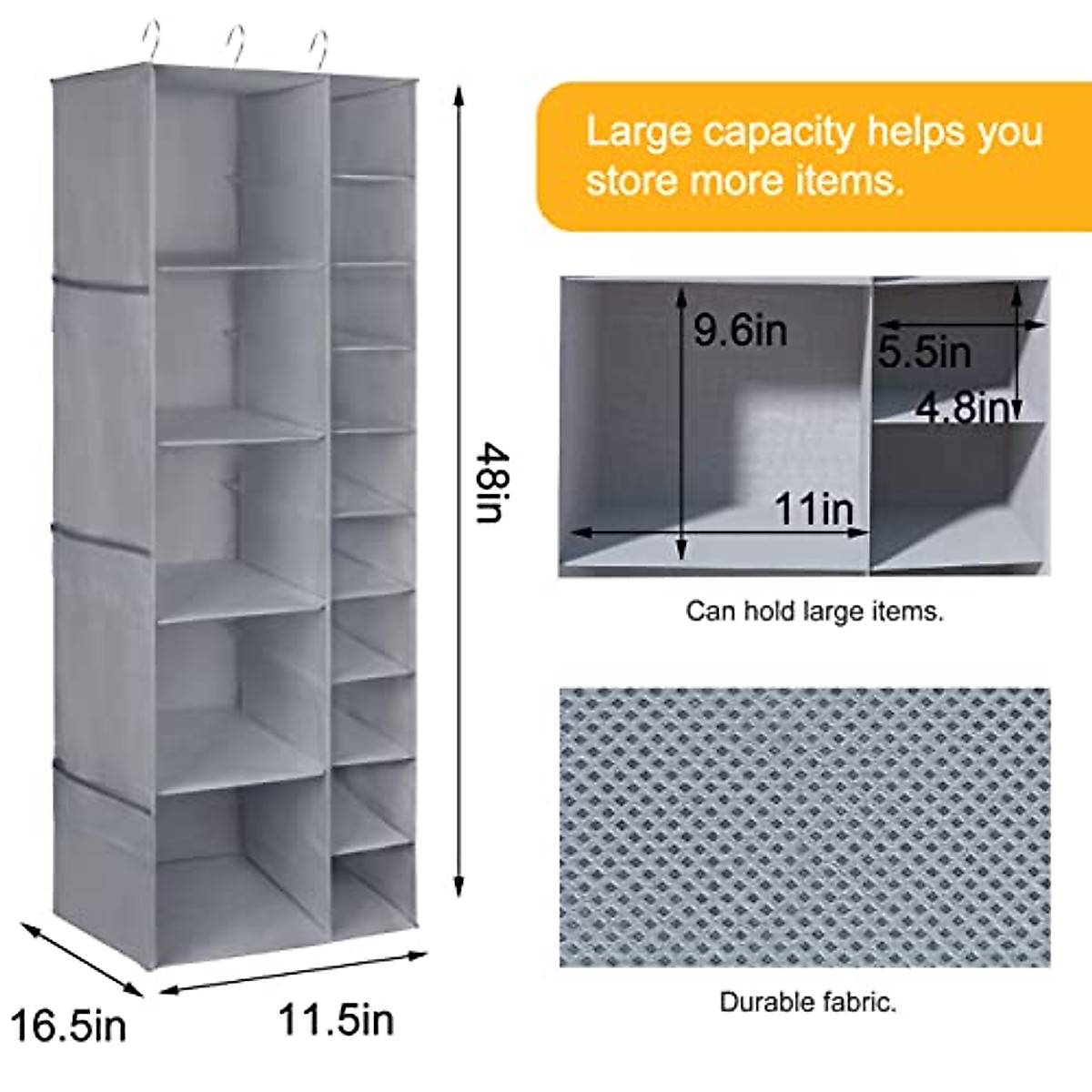 Libeder Shoe Organizer for Closet, 15 Shelf Hanging Closet Storage Shelves - 10 Shoe Rack Organizer and 5 Compartment for Clothes with 6 Side Mesh Pockets for Scarves Socks,Gloves Grey