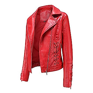 5665 Women Waterproof PU Leather Jackets, Cropped Stand Collar Zipper Biker Jacket Fitted PU Cycling Motorcycle Jacket Coats Red, 3X-Large