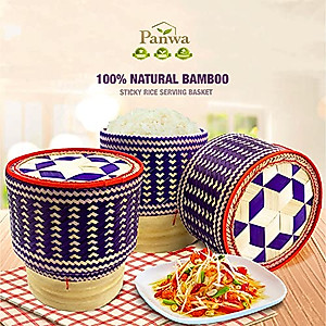 PANWA Combo Sticky Rice Cooking Set Aluminum Cook Pot Diameter 8 1/2" (22 cm) Thai Bamboo“Village Vintage” Steamer Basket 9 Inch Diameter with 24’’ Cheesecloth, and Kratip Container Lilac Toned