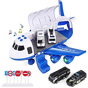 Airplane Toys, Cars Toys Set Fire Truck/Engineering Vehicle/Sanitation Vehicle/Police Car Toys Christmas Birthday Gift for 3 4 5 6 Years Old Boys Toddlers Deformable Aircraft Storage Cars Toy (Blue)