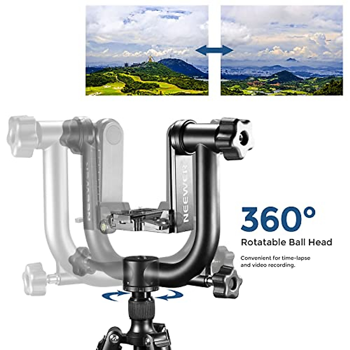 Neewer Professional Heavy Duty Metal 360 Degree Panoramic Gimbal Tripod Head with Standard 1/4'' Quick Release Plate and Bubble Level for DSLR Cameras up to 30lbs/13.6kg