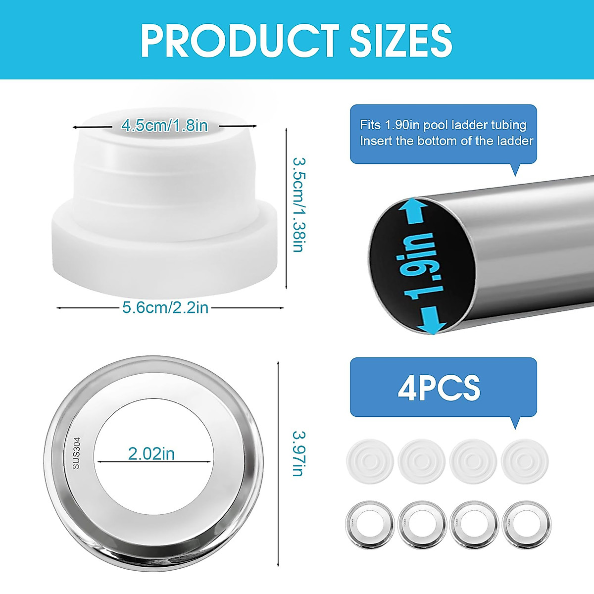 4 Pool Ladder Bumpers for Inground Pool & 4 Stainless Steel Pool Ladder Escutcheon Plates, Rubber Pool Ladder Inside Plug Bumper Caps & Pool Ladder Rings Fits 1.90” Pool Ladder Tubing (B)