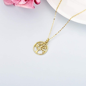 Yafeeso Solid 14K Gold Tree of Life Necklace Family Tree Pendant Necklace Mothers Day Necklace Jewelry Anniversary Birthday Gifts for Her, 16+2 Inch