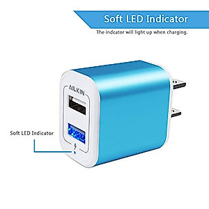 USB Plug in Wall Charger, Charging Block, 2Pack AILKIN 2.1A Fast Charge Dual Port Power Adapter Cube Box Brick Base Compatible with Phone, Pad, LG, Honor, Samsung, Kindle Fire, Blue, All USB - Blue