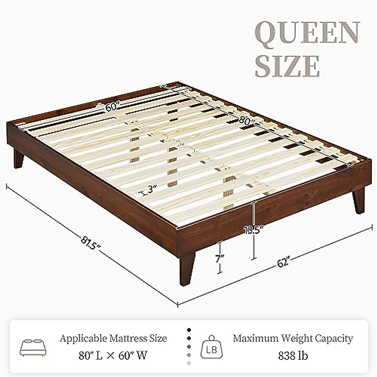 Yaheetech Queen Bed Frame Deluxe Natural Solid Pine Wood Platform Bed, Reserved Holes for DIY Headboard/Wooden Slats Support/7.5″ Clearance Space/No Noise/Easy Assembly, Smoked Walnut Queen Bed