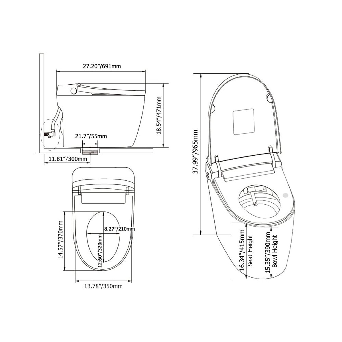 KunMai One-Piece Elongated Smart Toilet with Automatic Flush, Heated Seat, Self-Cleaning Bidet, and Foot Sensor, Modern Design for Bathrooms