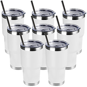 DOMICARE 30 oz Tumbler with Lid and Straw, Stainless Steel Tumblers Bulk, Insulated Vacuum Double Wall Travel Coffee Mug, Durable Powder Coated Tumbler Cups (White, 8)