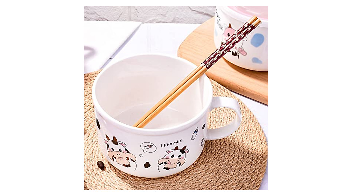 Ceramic Bowl with Lid and Handle,Cute Cows Design,Microwave for Instant ...