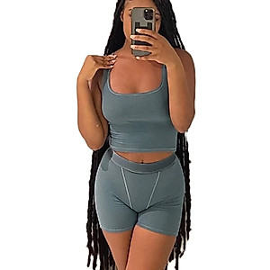 ZFLM Casual Workout Sets Two Piece Outfits for Women Ribbed Crop Tank Top High Waist Yoga Leggings Active Wear