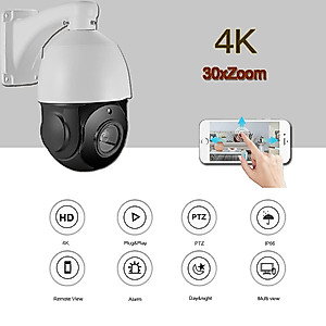 Alptop Outdoor 4K PTZ IP POE 8MP Security Camera Pan Tilt 30xOptical Zoom Speed Dome 300FT IR Night Vision with Motion Detection IP66 Weatherproof 4.5inch