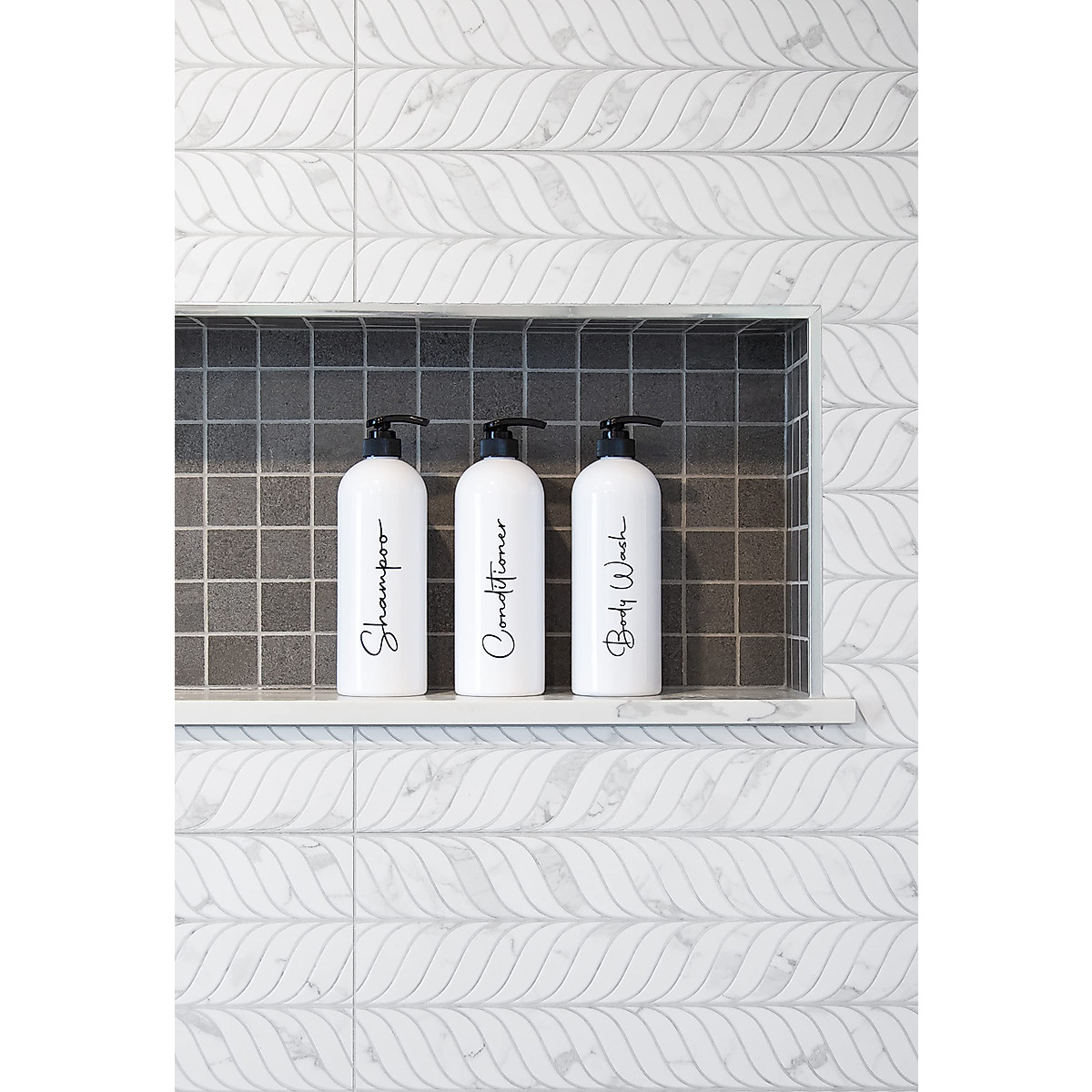 Alora 16oz Refillable Shampoo and Conditioner Dispenser Bottles - Set of 3 - Pump Bottle Dispenser for Shampoo, Conditioner, Body Wash - Empty Plastic Refillable Containers for Shower, Matte White