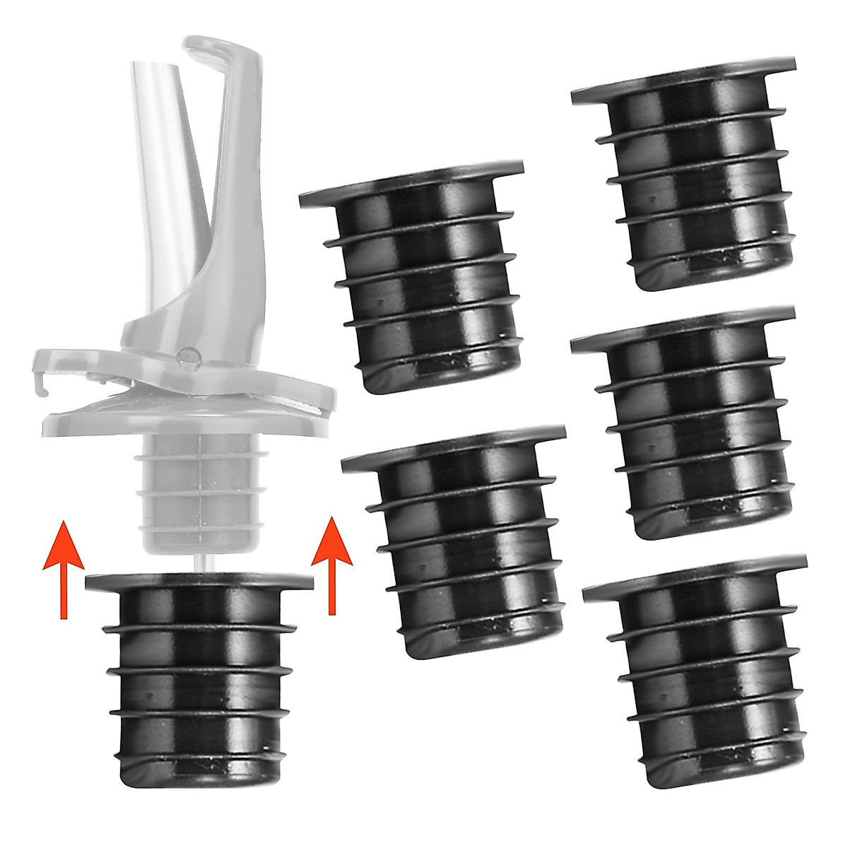 Liquor Pourer Adapters 6 Pk - Adapt Any Liquor or Oil Pourer Spout into a Large Liquor Pourer - Fits Extra Large Bottles up to 1 Inch / 25mm Neck
