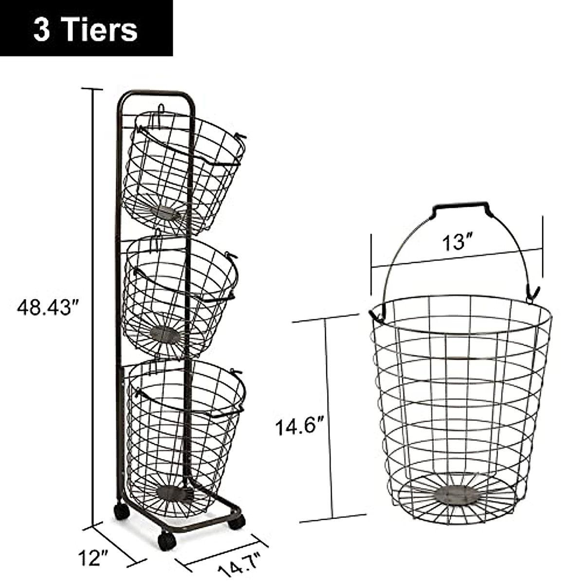 Ganggend 3-Tier Laundry Basket with Lockable Wheels, Wire Laundry Hamper with Rubber Handle Laundry Cart Storage Rolling Hamper for Organizing Clothes Black