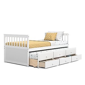 KOMFOTT Wood Twin Trundle Bed with Storage Drawers, Daybed with Trundle, No Box Spring Needed Daybed Frame, Twin Size Captain’s Bed