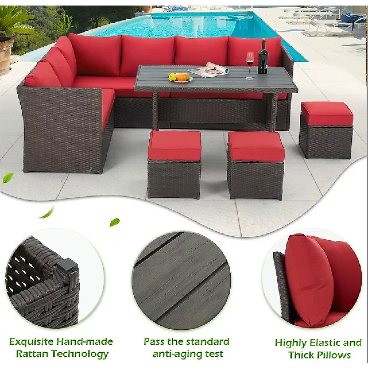Generic 7 Piece Patio Conversation Set, Outdoor Sectional Sofa Rattan Wicker Dining Furniture, Gray (Red), dd1123