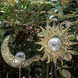Amugmilk Solar Lights Outdoor Garden Decor Art,Waterproof Metal Sun Moon Decorative Stakes for Walkway,Yard,Lawn,Patio(2 Pack)