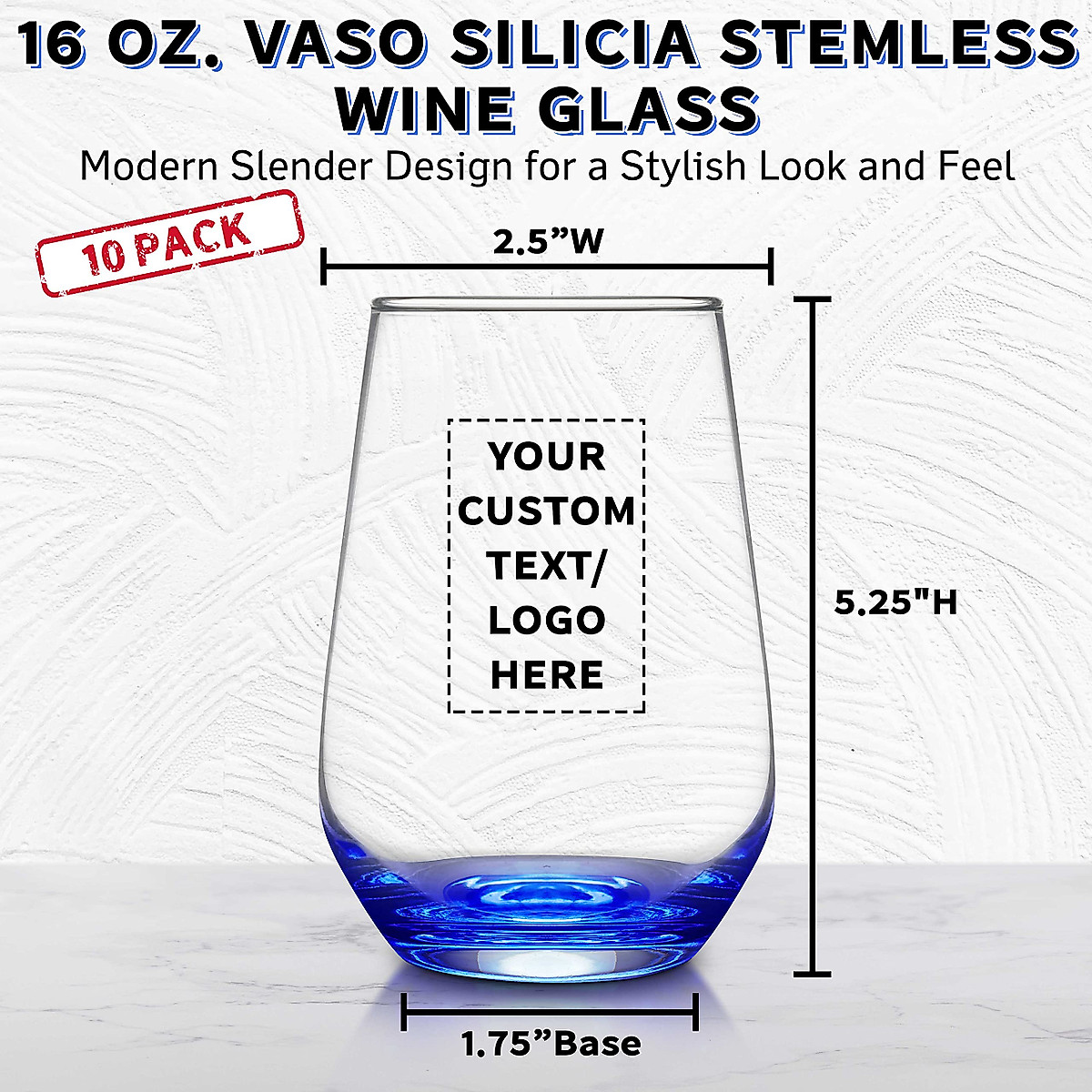 DISCOUNT PROMOS 10 Vaso Silicia Stemless Wine Glasses Set, 16 oz. - Personalized Text, Logo - Clear, Orb-Like, Thick base - Blue