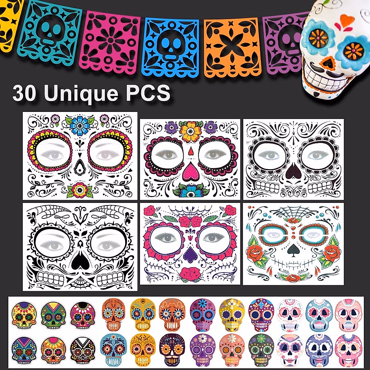 Day of the Dead Face Tattoos - 10 Sheet Halloween Temporary Tattoos Face Sticker Kit Día de Los Muertos Glitter Red Roses Skeleton Sugar Skull Fake Tattoo for Halloween Makeup on Face Body Men Women