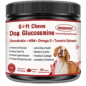 Glucosamine for Dogs, Joint Supplement for Dogs with Chondroitin, MSM, Omega-3, Turmeric and Vitamins for Pain Relief, Dog Joint Supplement with Calcium and Phosphorus for Bone Health, 120 Soft Chews
