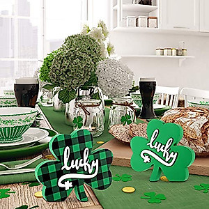 Hicarer 2 Pieces St. Patrick's Day Decor Wooden Shamrock Decor with 3D Lucky Pattern Green Irish St. Patrick's Day Sign for Desk, Wall, Office and Home Decor