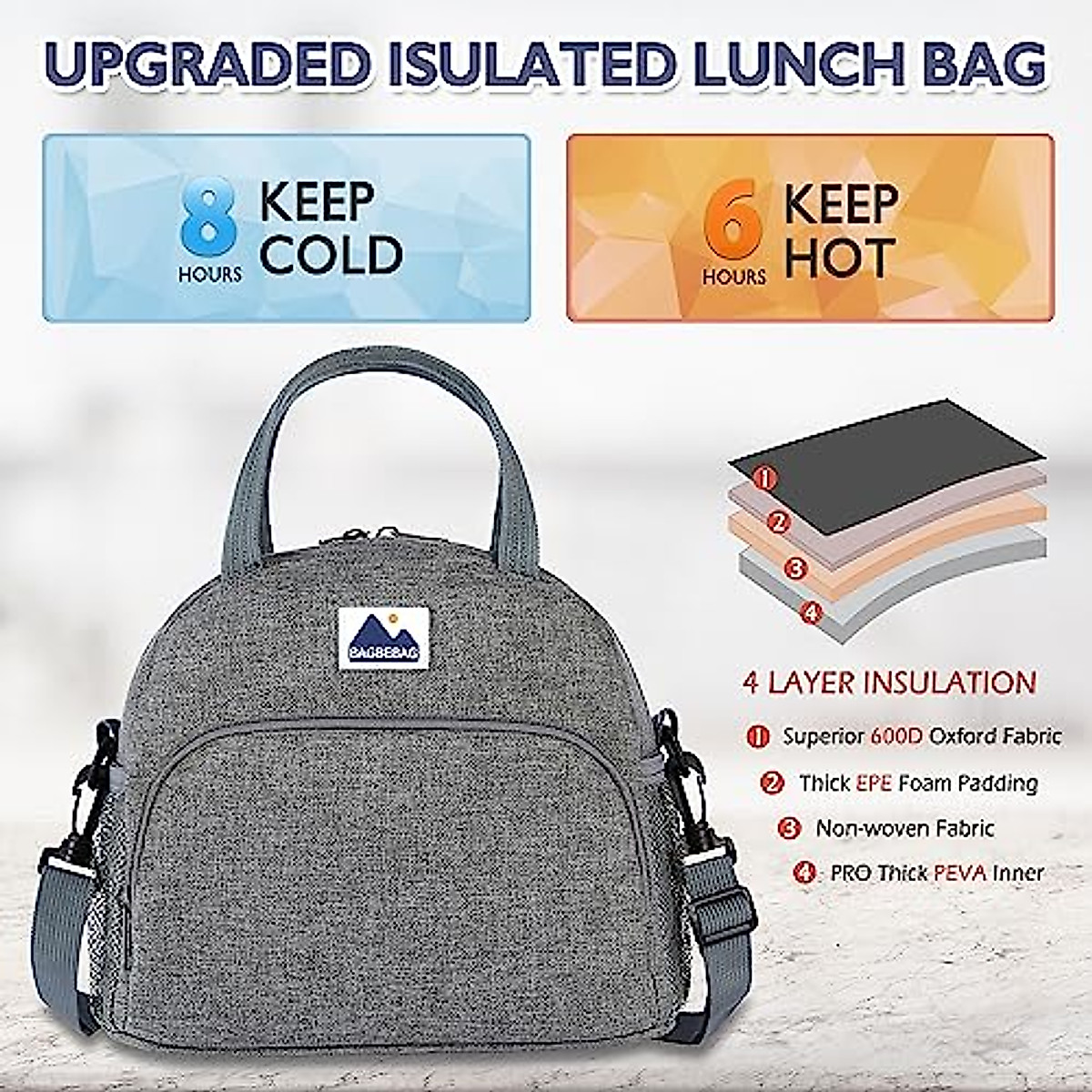 BAGBEBAG Lunch Bag Women, Insulated Lunch Bag For Women Man, Large Adult Lunch Box with Adjustable Strap, Premium Cooler Tote Bag for Office Work Picnic (Gray)