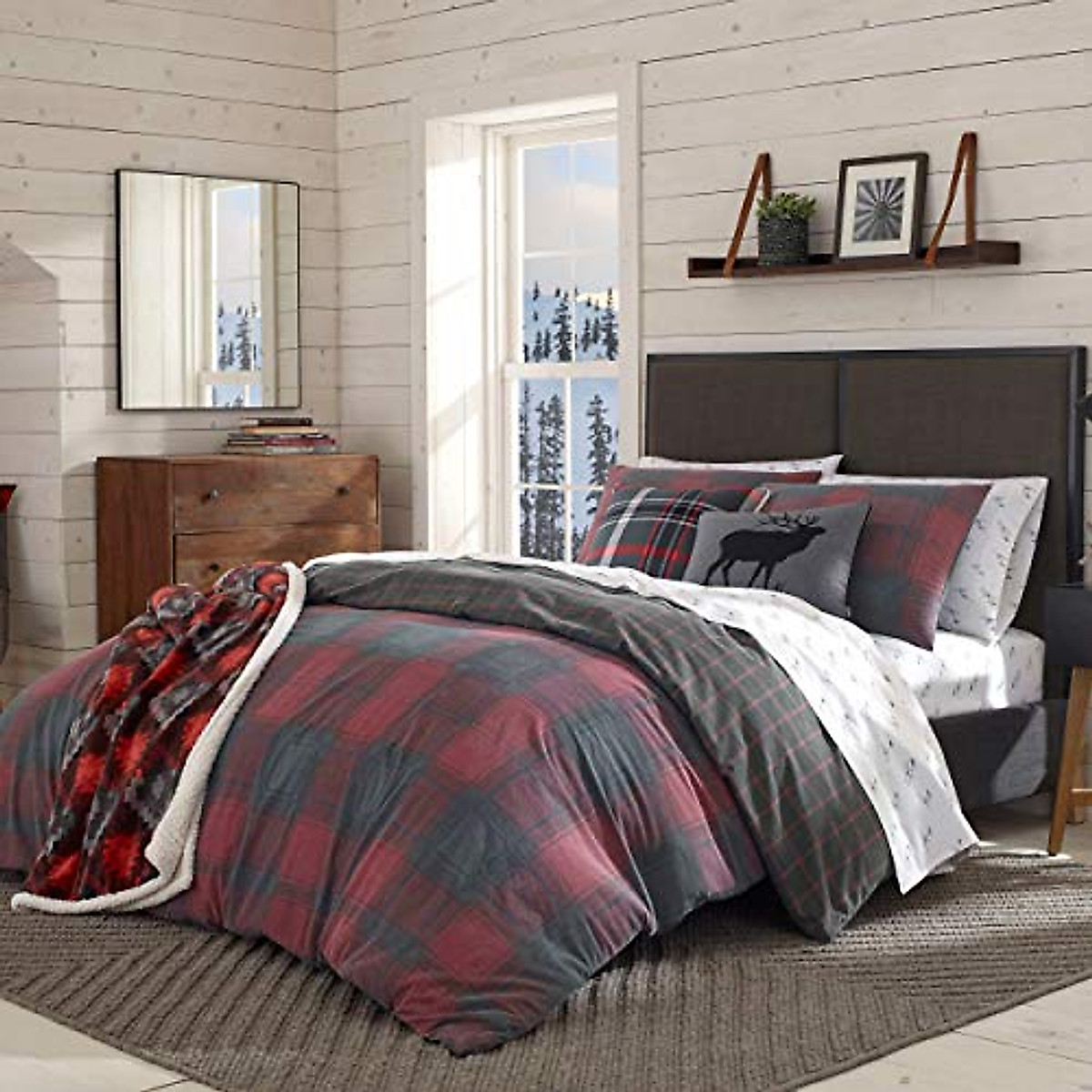 Eddie Bauer - Queen Duvet Cover Set, Cotton Reversible Bedding with Matching Shams, Plaid Home Decor with Button Closure (Cattle River Red, Queen)