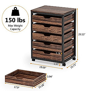 Tribesigns 5 Drawer Chest, Wood Storage Dresser Cabinet with Wheels, Industrial Storage Drawer Organizer Cart for Office Bedroom Entryway (Rustic Brown, 1 PC)